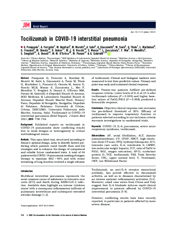 (PDF) Tocilizumab in COVID‐19 interstitial pneumonia