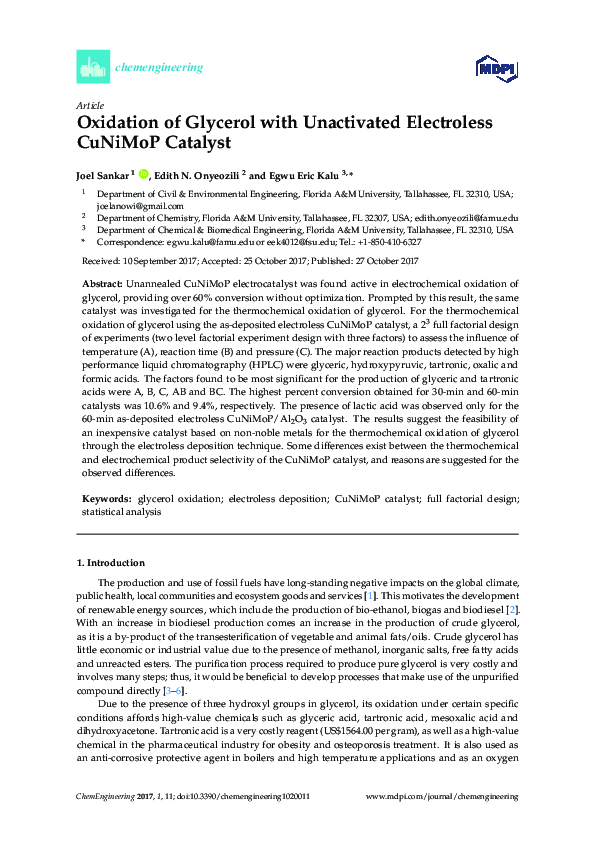 (PDF) Oxidation of Glycerol with Unactivated Electroless CuNiMoP Catalyst