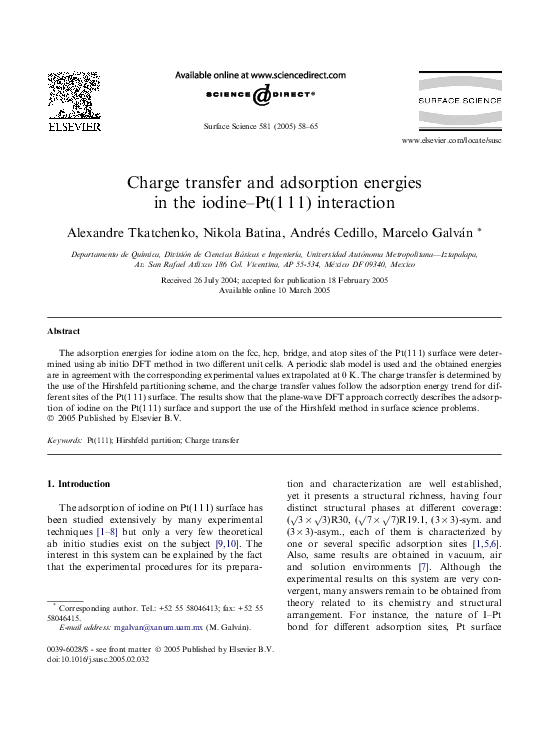 (PDF) Charge transfer and adsorption energies in the iodine–Pt(111 ...