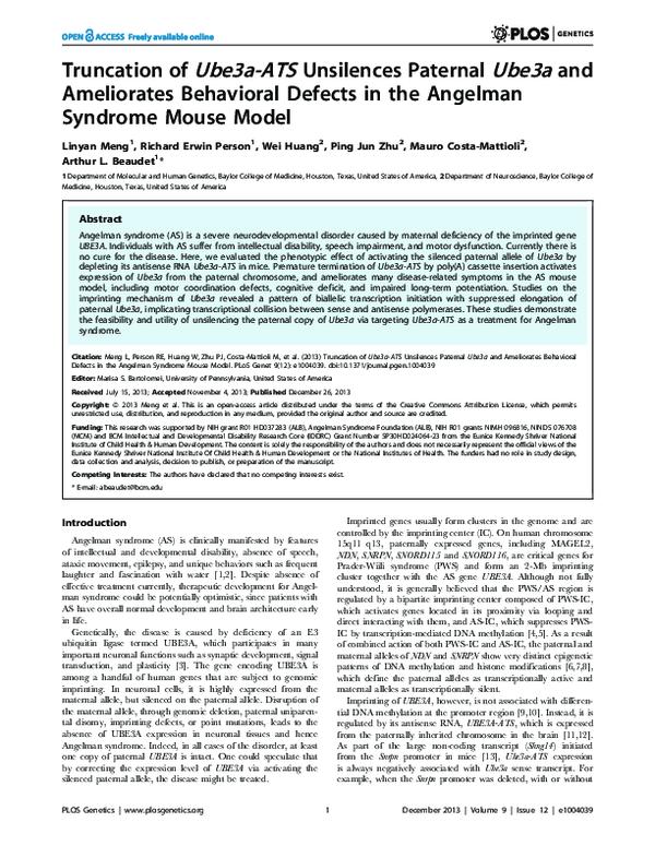 (PDF) Truncation of Ube3a-ATS Unsilences Paternal Ube3a and Ameliorates ...