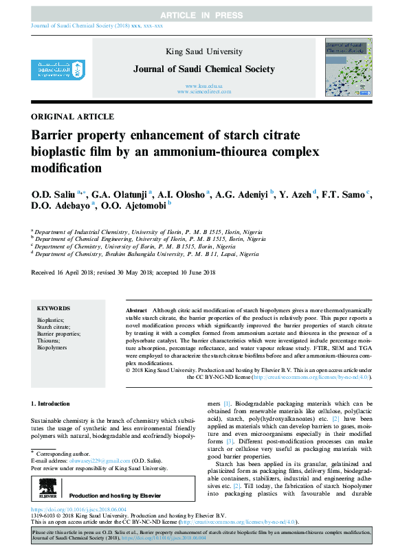 (PDF) Barrier property enhancement of starch citrate bioplastic film by ...