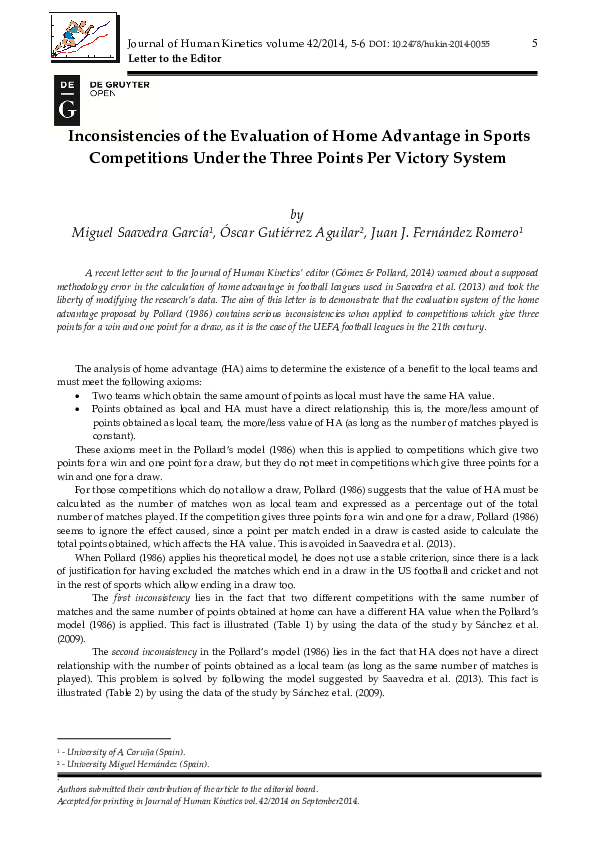 (PDF) Inconsistencies of the evaluation of home advantage in sports ...