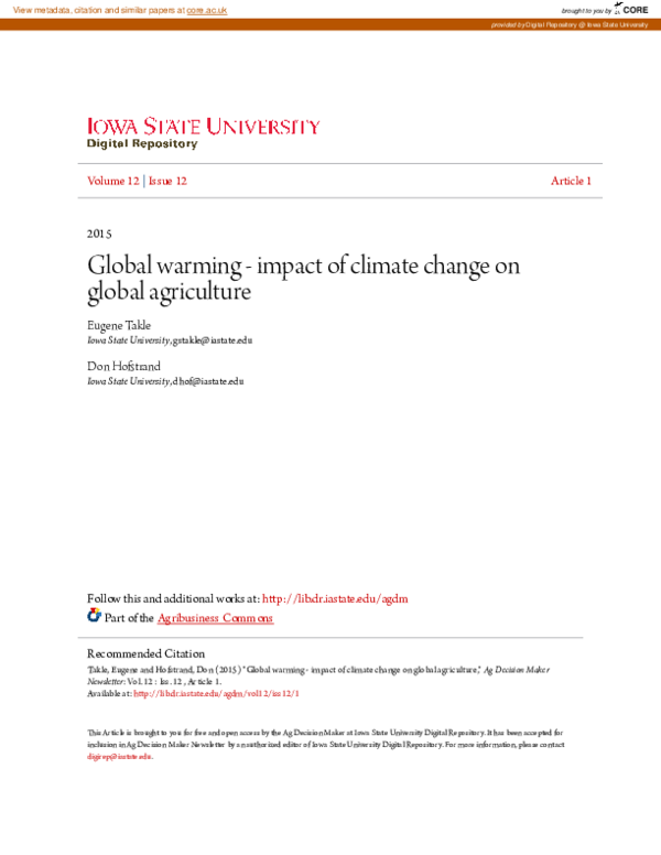 (PDF) Global warming - impact of climate change on global agriculture