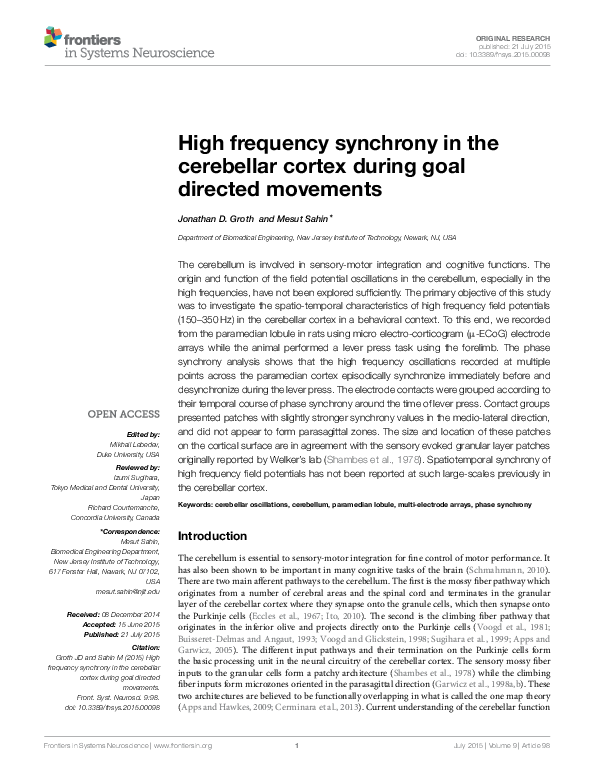 (PDF) High frequency synchrony in the cerebellar cortex during goal directed movements