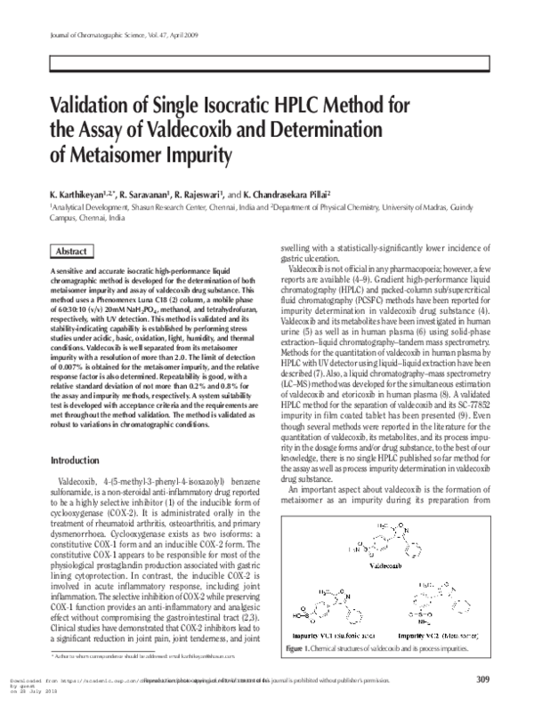 (PDF) Validation of Single Isocratic HPLC Method for the Assay of Valdecoxib and Determination ...