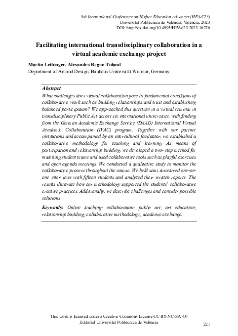 (PDF) Facilitating international transdisciplinary collaboration in a ...