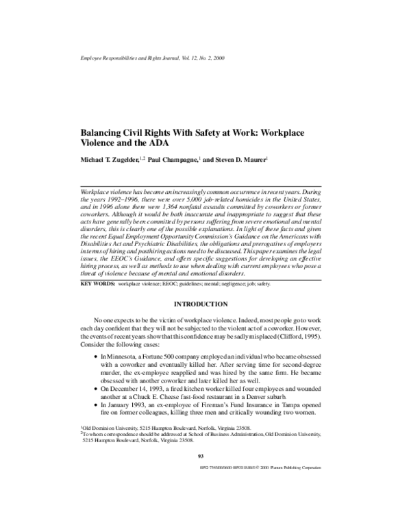 (PDF) Balancing Civil Rights With Safety at Work: Workplace Violence ...