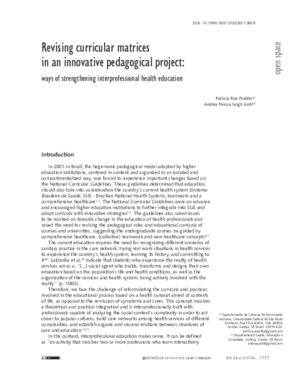 (PDF) Revising curricular matrices in an innovative pedagogical project: ways of strengthening ...