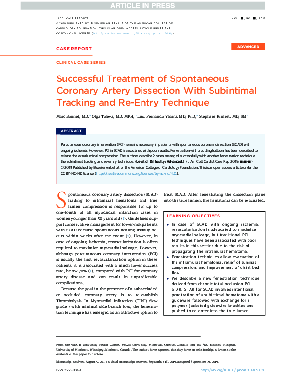 (PDF) Successful Treatment of Spontaneous Coronary Artery Dissection ...