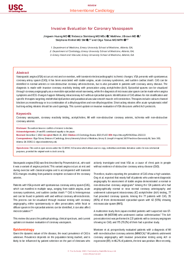 (PDF) Invasive Evaluation for Coronary Vasospasm