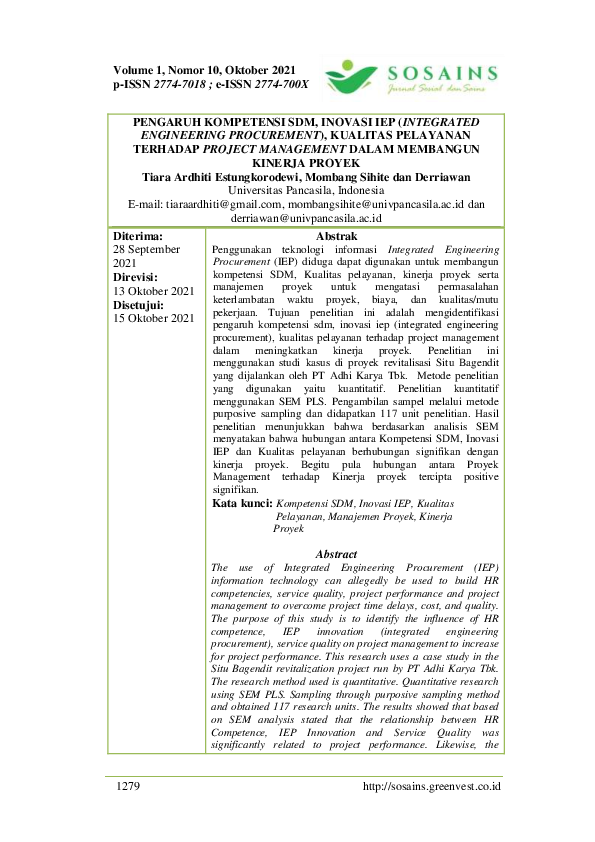 (PDF) Pengaruh Kompetensi SDM, Inovasi IEP (Integrated Engineering Procurement), Kualitas ...