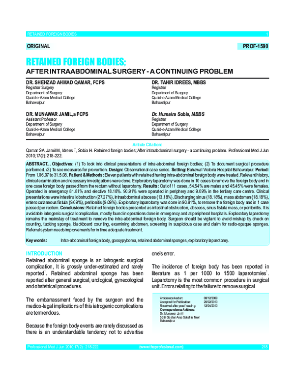 (PDF) Clinical Perspectives and Management of Retained Foreign Bodies