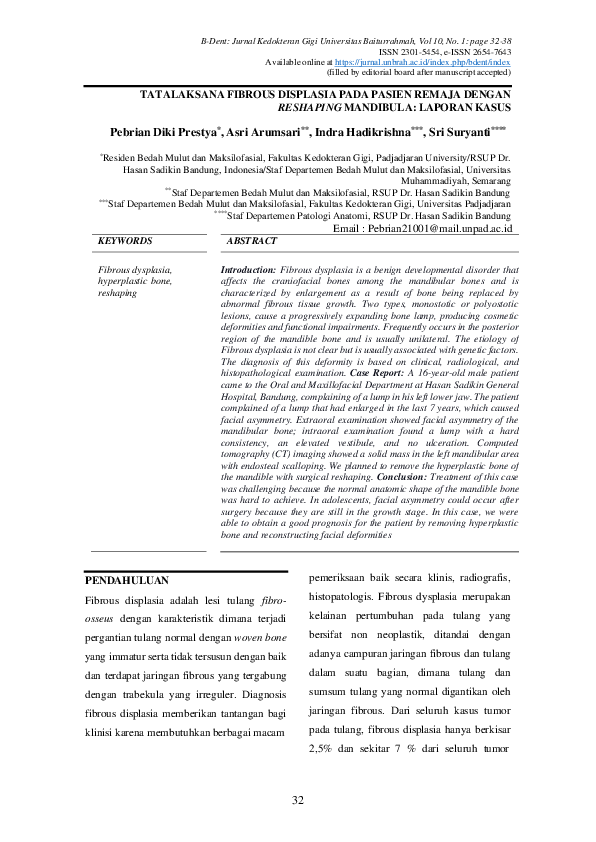 (PDF) Tatalaksana Pembedahan Fibrous Displasia pada Pasien Remaja dengan Reshaping Mandibula ...