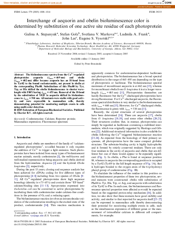 (PDF) Interchange of aequorin and obelin bioluminescence color is ...
