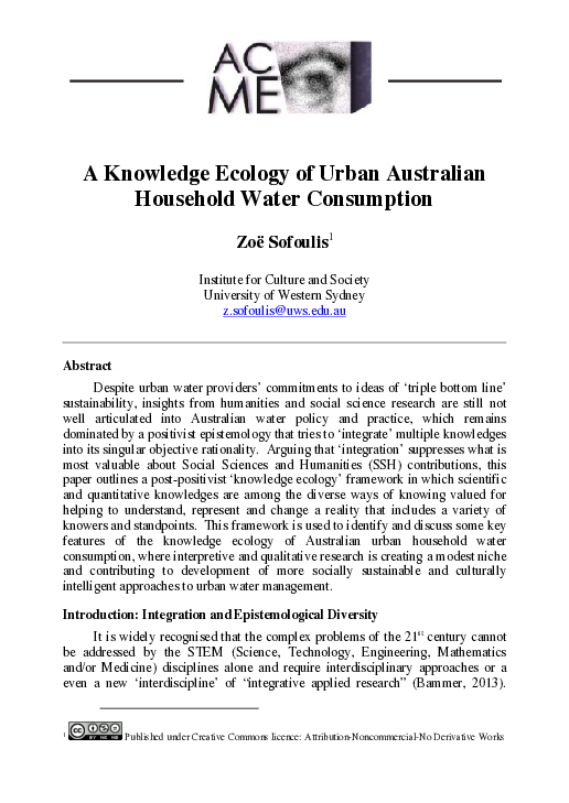 (PDF) A Knowledge Ecology of Urban Australian Household Water Consumption