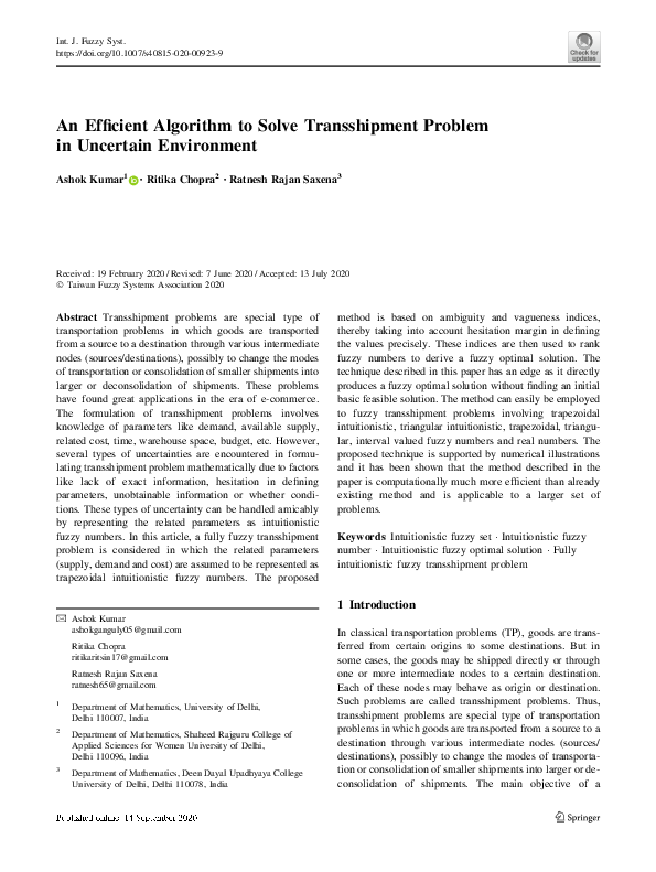 (PDF) An Efficient Algorithm to Solve Transshipment Problem in Uncertain Environment
