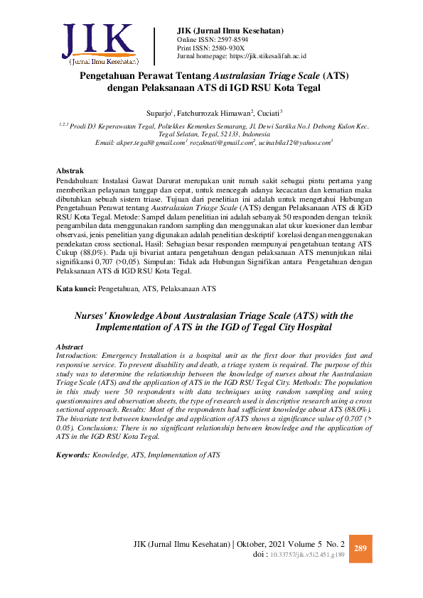 (PDF) Pengetahuan Perawat Tentang Australasian Triage Scale (ATS ...