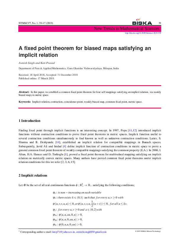 (PDF) A fixed point theorem for biased maps satisfying an implicit relation