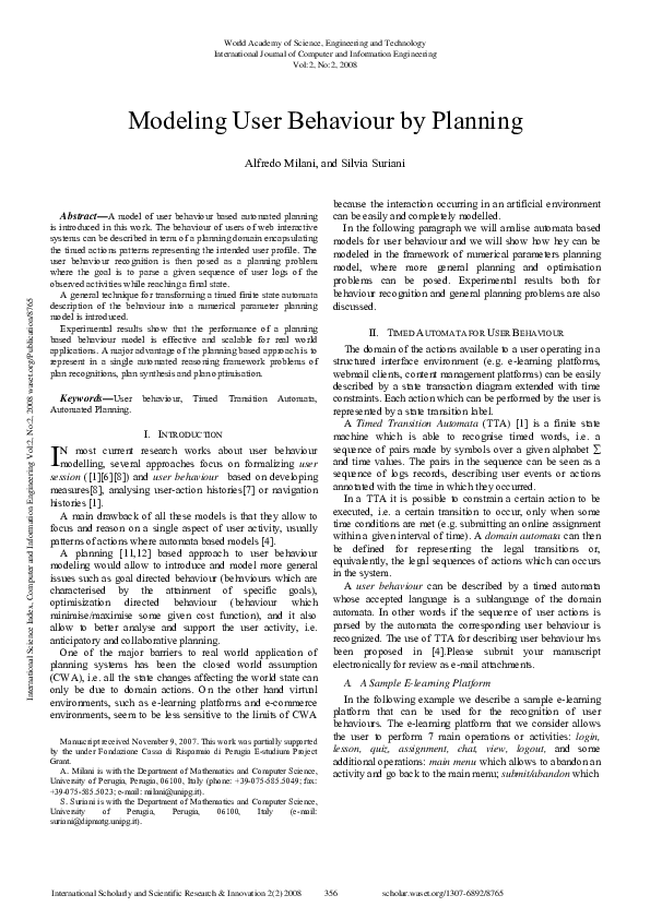 (PDF) Modeling User Behaviour By Planning