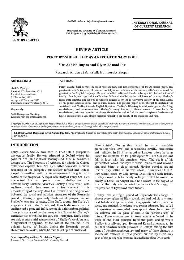 (PDF) PERCY BYSSHE SHELLEY AS A REVOLUTIONARY POET *Dr