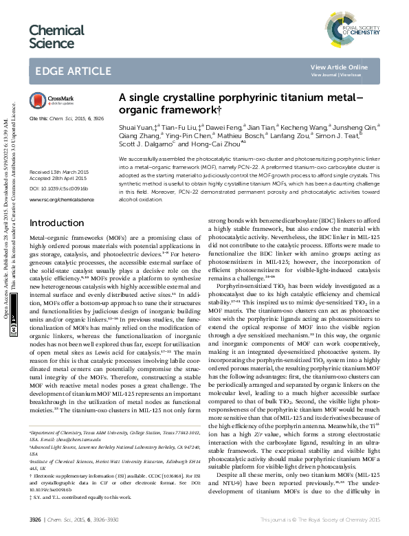(PDF) A single crystalline porphyrinic titanium metal–organic framework