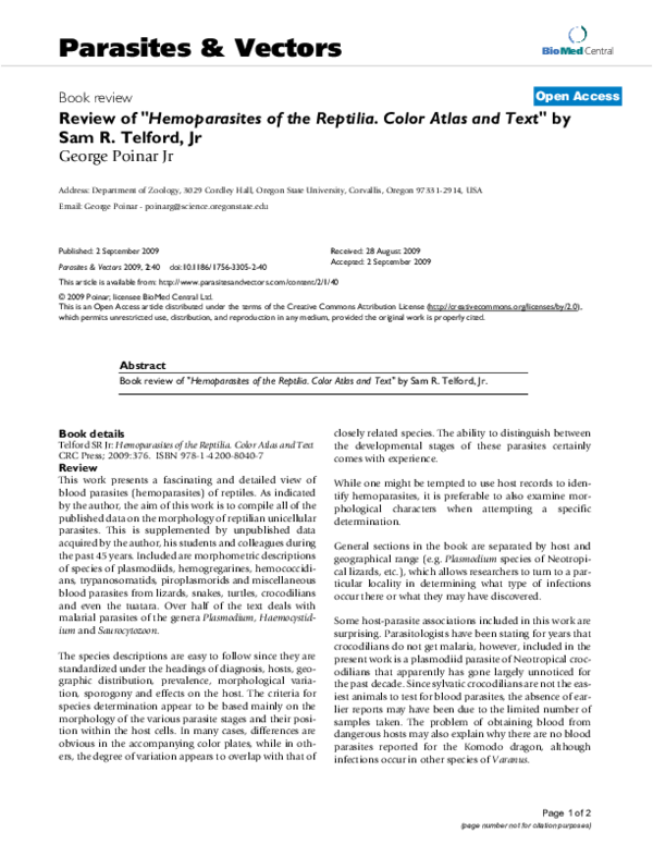 (PDF) Telford SR Jr: Hemoparasites of the Reptilia. Color Atlas and Text