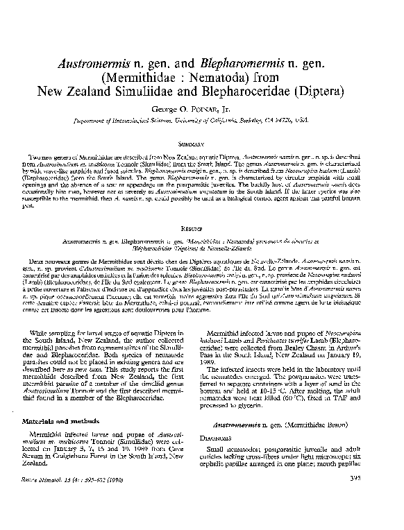 (PDF) Austromermis n. gen. and Blepharomermis n. gen. (Mermithidae ...