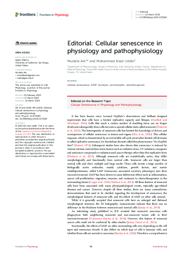(PDF) Editorial: Cellular senescence in physiology and pathophysiology | Mustafa Ark - Academia.edu