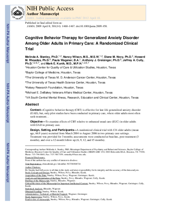 (PDF) Cognitive Behavior Therapy for Generalized Anxiety Disorder Among Older Adults in Primary ...