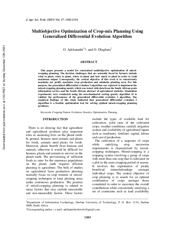 (PDF) Multiobjective optimization of crop-mix planning using ...