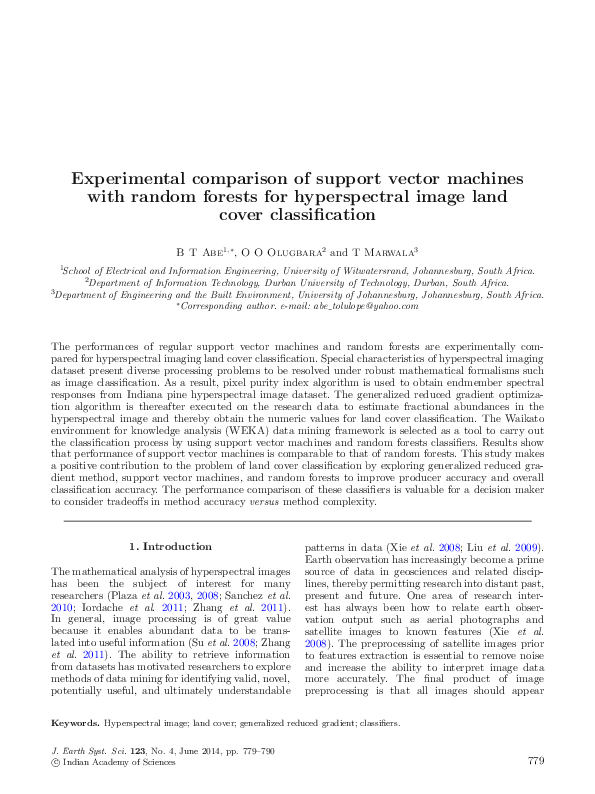 (PDF) Experimental comparison of support vector machines with random forests for hyperspectral ...