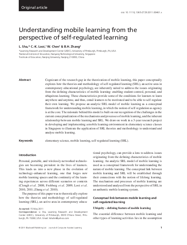 (PDF) Understanding mobile learning from the perspective of self‐regulated learning