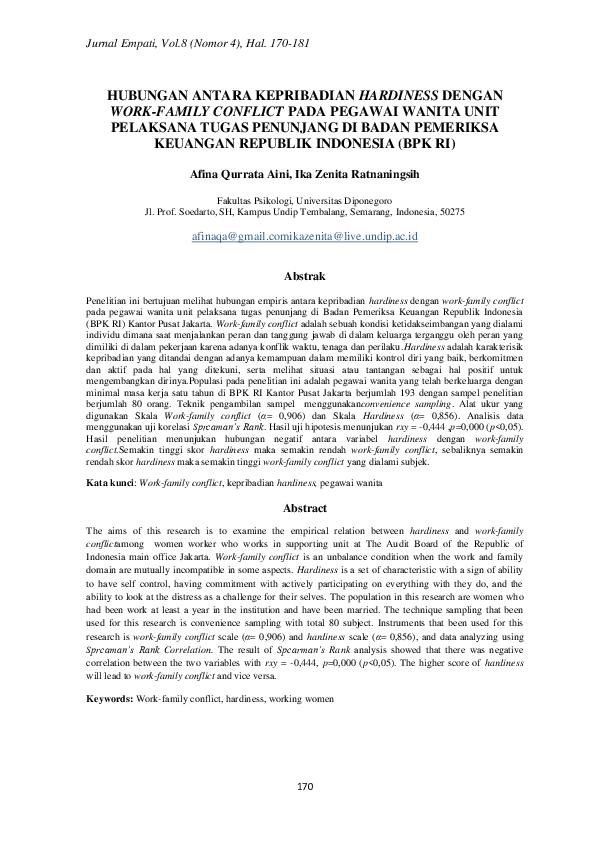 (PDF) Hubungan Antara Kepribadian Hardiness Dengan Work-Family Conflict Pada Pegawai Wanita Unit ...