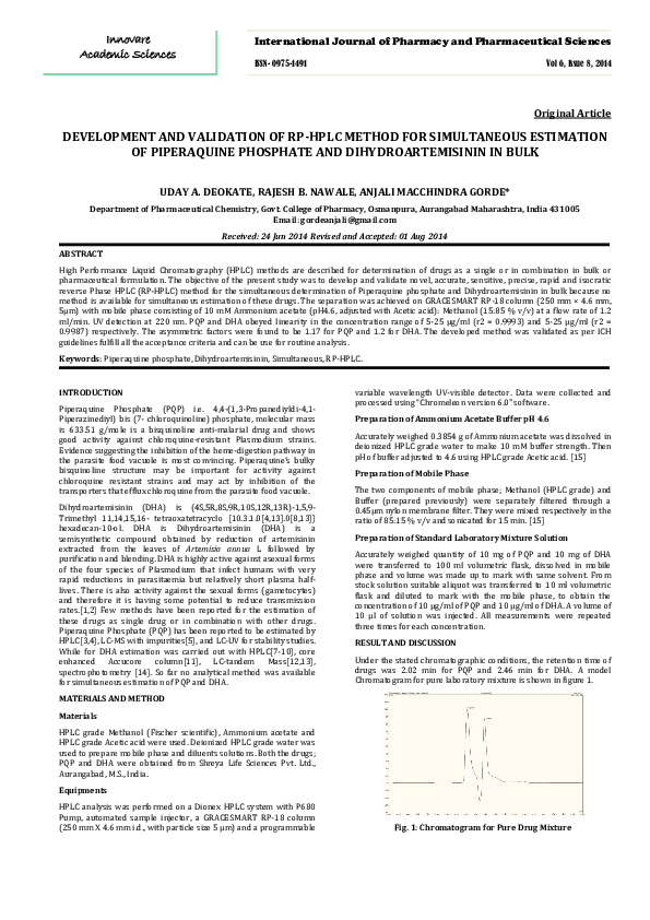 (PDF) DEVELOPMENT AND VALIDATION OF RP-HPLC METHOD FOR SIMULTANEOUS ESTIMATION OF PIPERAQUINE ...