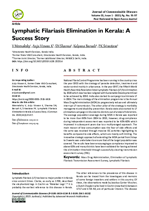 (PDF) Lymphatic Filariasis Elimination in Kerala: A Success Story