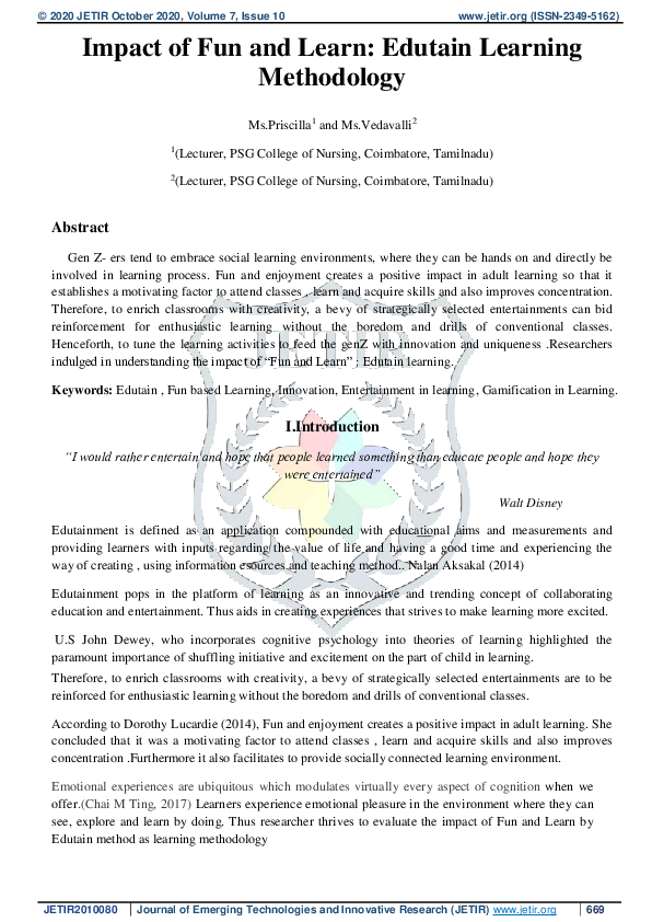 (PDF) Impact of Fun and Learn: Edutain Learning Methodology