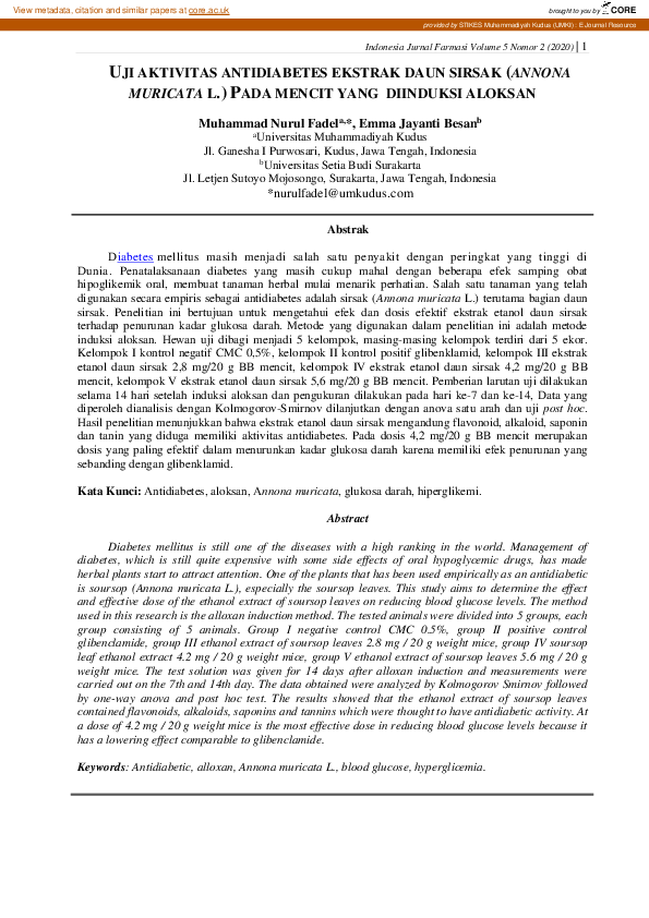 (PDF) UJI AKTIVITAS ANTIDIABETES EKSTRAK DAUN SIRSAK (Annona muricata L ...
