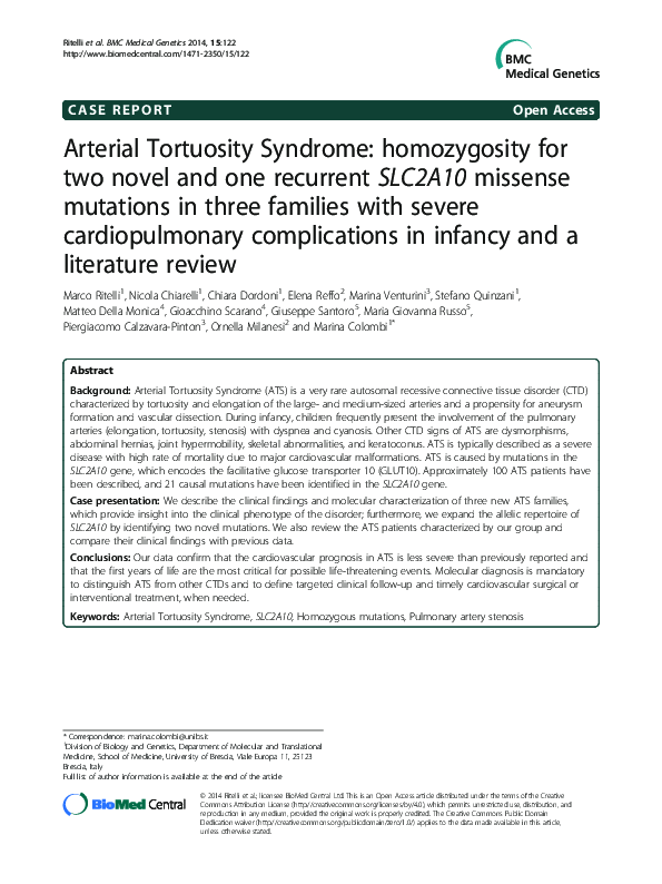 (PDF) Arterial Tortuosity Syndrome: homozygosity for two novel and one recurrent SLC2A10missense ...