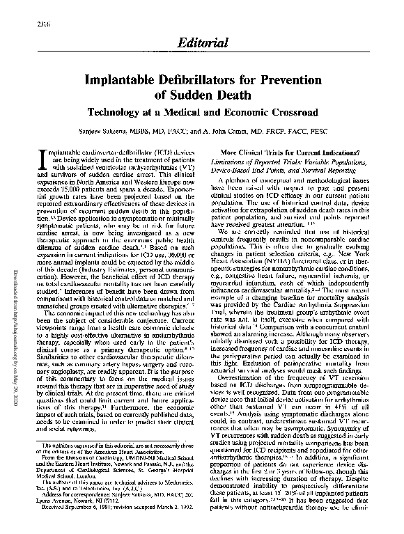 (PDF) Editorial Implantable Defibrillators for Prevention