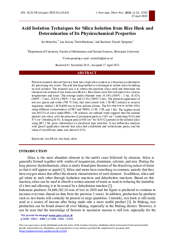 (PDF) Acid Isolation Techniques for Silica isolation from Rice Husk and ...