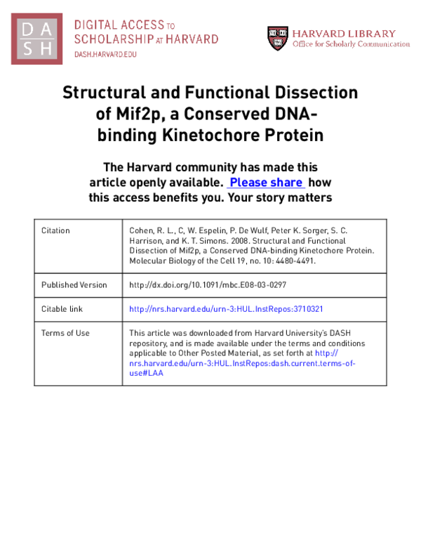 (PDF) Structural and Functional Dissection of Mif2p, a Conserved DNA-binding Kinetochore Protein
