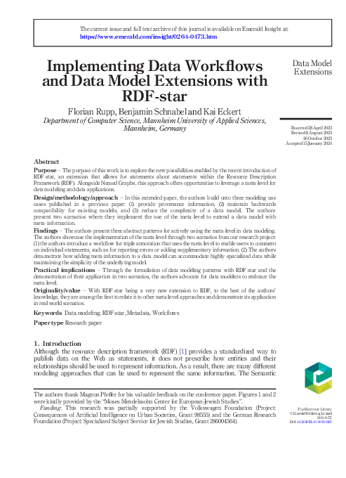 (PDF) Implementing Data Workflows and Data Model Extensions with RDF-star