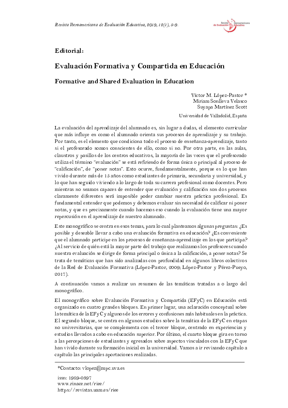 (PDF) Editorial: Evaluación formativa y compartida en Educación