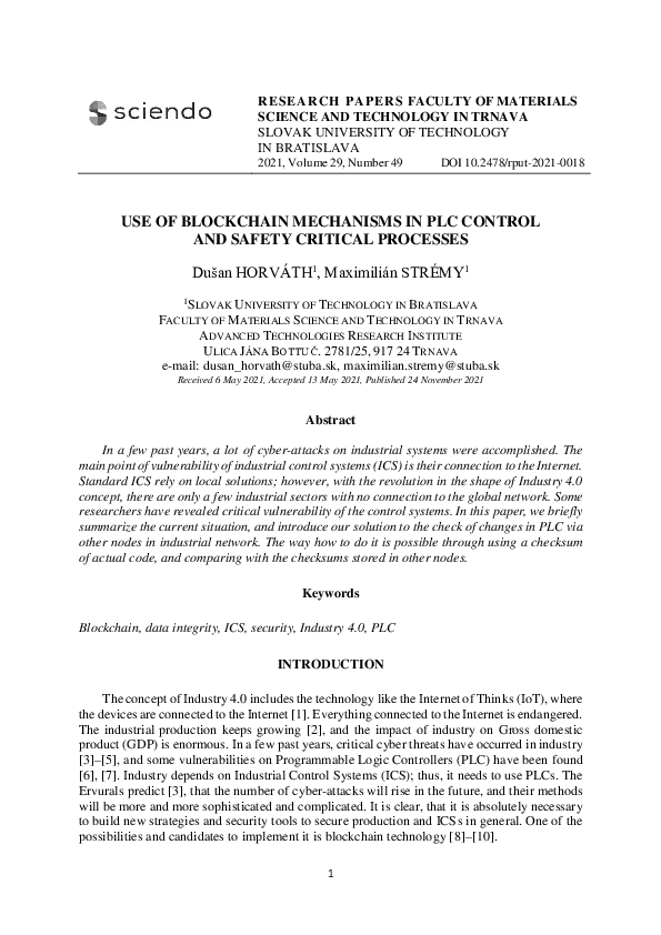 (PDF) Use of Blockchain Mechanisms in PLC Control and Safety Critical Processes