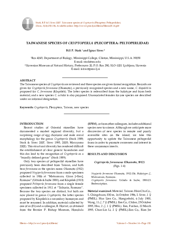 (PDF) Taiwanese Species Of Cryptoperla (Plecoptera: Peltoperlidae)