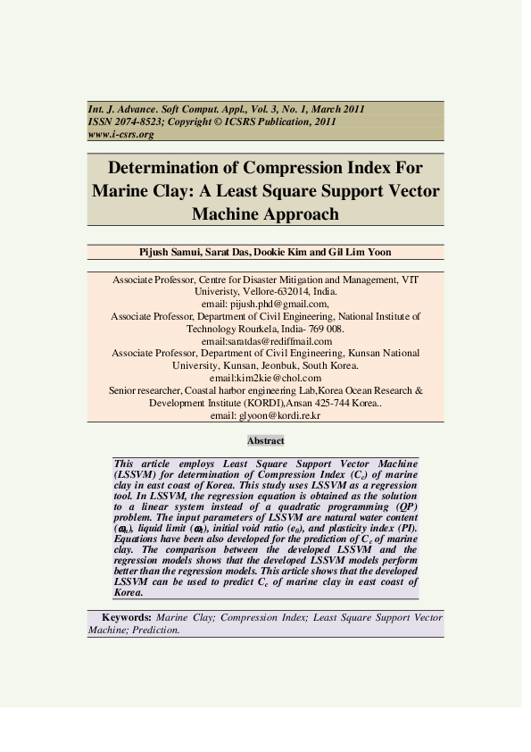 (PDF) Determination of Compression Index for Marine Clay: A Relevance Vector Machine Approach