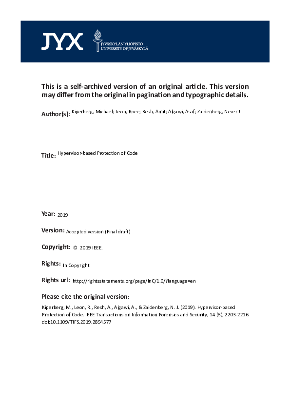 (PDF) Hypervisor-Based Protection of Code
