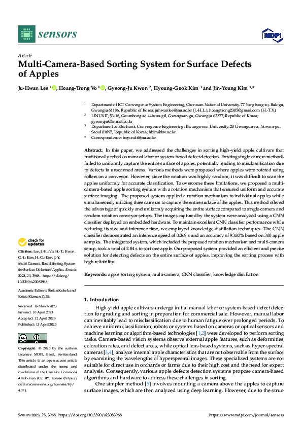 (PDF) Multi-Camera-Based Sorting System for Surface Defects of Apples