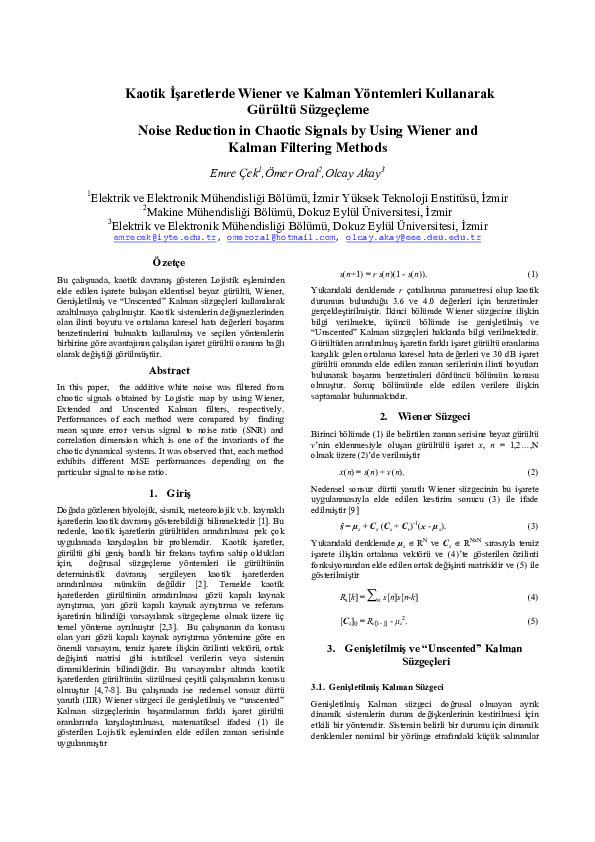 (PDF) Noise Reduction in Chaotic Signals by Using Wiener and Kalman ... (PDF) Noise Reduction in Chaotic Signals by Using Wiener and Kalman ...