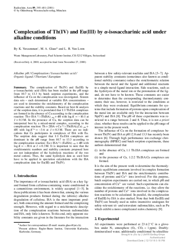 (PDF) Complexation of Th(IV) and Eu(III) by α-isosaccharinic acid under ...